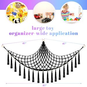 2 Set Large Stuffed Animal Toy Net Hammock with LED Light Plush Toy Hammock with Hooks Boho Corner Stuffed Animal Hanging Organizer for Kids Bedroom Nursery Decoration (Black)