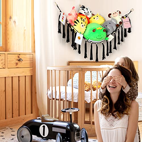 2 Set Large Stuffed Animal Toy Net Hammock with LED Light Plush Toy Hammock with Hooks Boho Corner Stuffed Animal Hanging Organizer for Kids Bedroom Nursery Decoration (Black)