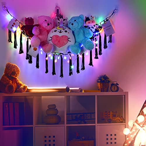 2 Set Large Stuffed Animal Toy Net Hammock with LED Light Plush Toy Hammock with Hooks Boho Corner Stuffed Animal Hanging Organizer for Kids Bedroom Nursery Decoration (Black)