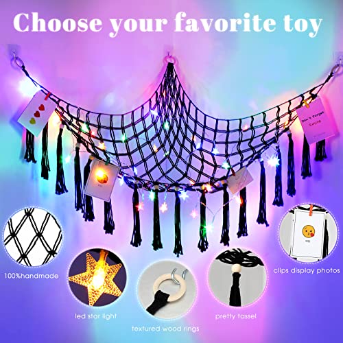 2 Set Large Stuffed Animal Toy Net Hammock with LED Light Plush Toy Hammock with Hooks Boho Corner Stuffed Animal Hanging Organizer for Kids Bedroom Nursery Decoration (Black)