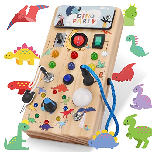 Syahro Montessori Busy Board, Wooden Kid Sensory Board, Dino Led Light Switch Travel Toy, Baby Road Trip Essentials, Christmas & Birthday Gift for 1+ Toddler Boy and Girl