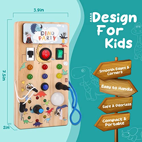 Syahro Montessori Busy Board, Wooden Kid Sensory Board, Dino Led Light Switch Travel Toy, Baby Road Trip Essentials, Christmas & Birthday Gift for 1+ Toddler Boy and Girl