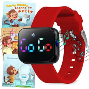 potty training watch for kids v2 – a water resistant potty reminder device for boys & girls to train your toddler with fun/musical & vibration interval reminders with potty training ebook (red)