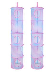 sutinban 2 pcs hanging mesh stuffed animal storage for kids room, bathroom and balcony, 5 tier foldable corner net organizer, for organizing plush toys, socks,pink-blue tiedye(pink)