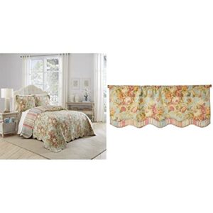 waverly spring bling modern farmhouse floral 3-piece reversible quilt bedding bed spread set, queen, vapor & spring bling valances for windows rod pocket curtains, 52" x 18", vapor