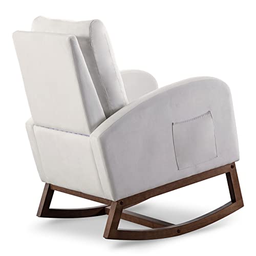 Belandi Rocking Chair Nursery, Velvet Nursery Glider Upholstered Accent Rocker Armchair with Side Pocket for Living Room Bedroom Offices (Cream White)