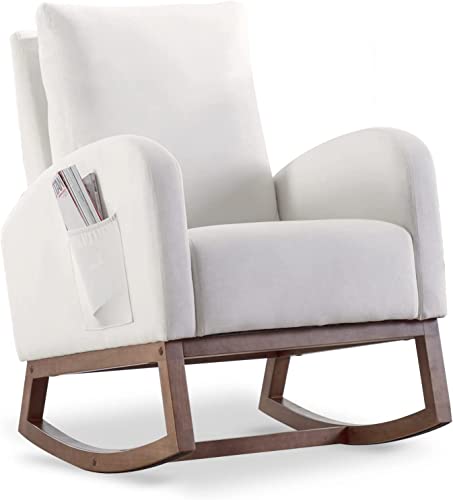 Belandi Rocking Chair Nursery, Velvet Nursery Glider Upholstered Accent Rocker Armchair with Side Pocket for Living Room Bedroom Offices (Cream White)