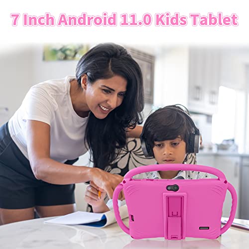 JUNINKE 2023 New 7 Inch Tablet for Kids - Android 11.0, 2+32GB, Anti-Drop Design, Parental Controls & Silicone Kids Tablet Case with Three Grips (Pink)