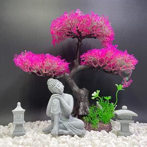 KIBUN Buddha Statue/Artificial Bonsai Tree/Japanese Decor Lantern Pagoda Statues Zen Garden Accessories for Home Office Desk Bedroom Farmhouse Room FengShui Decor (Cherry Blossom Set)