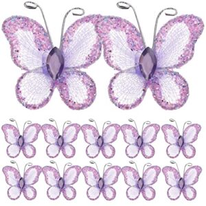 sheer mesh wire glitter butterfly, wedding decorative butterflies decors with gem, craft organza butterflies for diy craft wedding home decor, 50pcs