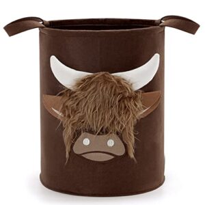 eunikroko highland cow felt basket brown scottish cattle storage bin long hair farm animal laundry organizer decorative portable hamper farmhouse style toys holder with handles gift for mom