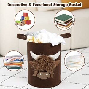 Eunikroko Highland Cow Felt Basket Brown Scottish Cattle Storage Bin Long Hair Farm Animal Laundry Organizer Decorative Portable Hamper Farmhouse Style Toys Holder with Handles Gift for Mom