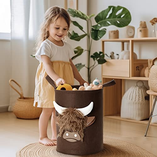 Eunikroko Highland Cow Felt Basket Brown Scottish Cattle Storage Bin Long Hair Farm Animal Laundry Organizer Decorative Portable Hamper Farmhouse Style Toys Holder with Handles Gift for Mom