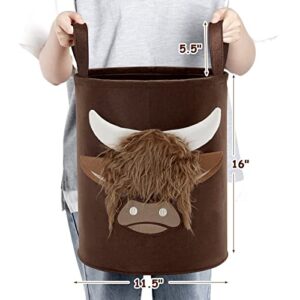 Eunikroko Highland Cow Felt Basket Brown Scottish Cattle Storage Bin Long Hair Farm Animal Laundry Organizer Decorative Portable Hamper Farmhouse Style Toys Holder with Handles Gift for Mom