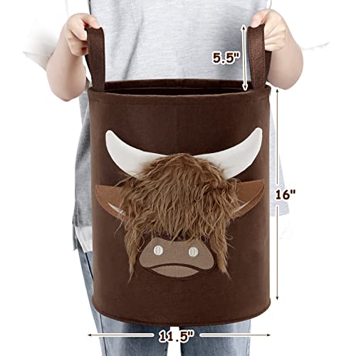 Eunikroko Highland Cow Felt Basket Brown Scottish Cattle Storage Bin Long Hair Farm Animal Laundry Organizer Decorative Portable Hamper Farmhouse Style Toys Holder with Handles Gift for Mom