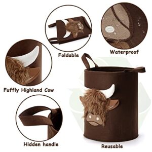 Eunikroko Highland Cow Felt Basket Brown Scottish Cattle Storage Bin Long Hair Farm Animal Laundry Organizer Decorative Portable Hamper Farmhouse Style Toys Holder with Handles Gift for Mom