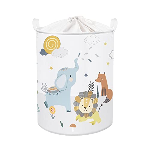 Clastyle 45L Cartoon Animals Elephant Fox White Kids Laundry Hamper Lion Clouds Round Toy Clothes Storage Basket for Children Room, 14.2x17.7 in