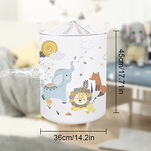 Clastyle 45L Cartoon Animals Elephant Fox White Kids Laundry Hamper Lion Clouds Round Toy Clothes Storage Basket for Children Room, 14.2x17.7 in