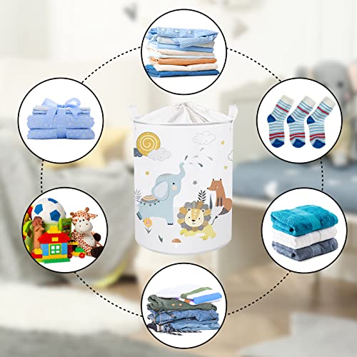 Clastyle 45L Cartoon Animals Elephant Fox White Kids Laundry Hamper Lion Clouds Round Toy Clothes Storage Basket for Children Room, 14.2x17.7 in