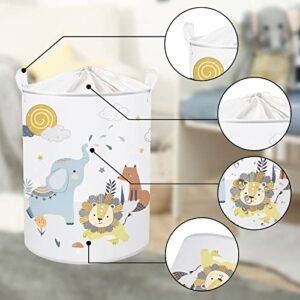 Clastyle 45L Cartoon Animals Elephant Fox White Kids Laundry Hamper Lion Clouds Round Toy Clothes Storage Basket for Children Room, 14.2x17.7 in