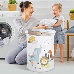 Clastyle 45L Cartoon Animals Elephant Fox White Kids Laundry Hamper Lion Clouds Round Toy Clothes Storage Basket for Children Room, 14.2x17.7 in