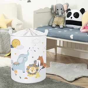 Clastyle 45L Cartoon Animals Elephant Fox White Kids Laundry Hamper Lion Clouds Round Toy Clothes Storage Basket for Children Room, 14.2x17.7 in