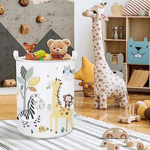 Clastyle 45L Cartoon Animals Elephant Fox White Kids Laundry Hamper Lion Clouds Round Toy Clothes Storage Basket for Children Room, 14.2x17.7 in