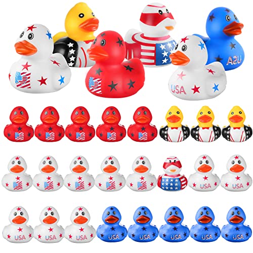 Patriotic Rubber Ducks - 24 Pcs Independence Day Novelty Funny Squeeze Baby Shower Bathtub Ducks for Fourth of July Party Supplies