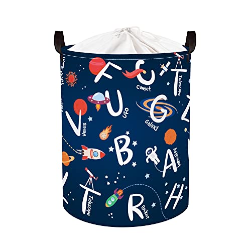 Clastyle 45L Universe Space Alphabet Planet Nursery Laundry Basket Rocket Round Toy Clothes Blue Storage Basket for Kindergarten, 14.2x17.7 in