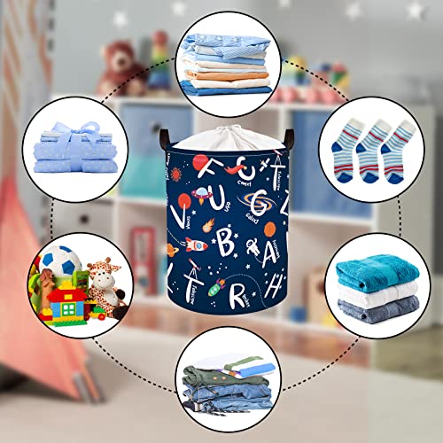 Clastyle 45L Universe Space Alphabet Planet Nursery Laundry Basket Rocket Round Toy Clothes Blue Storage Basket for Kindergarten, 14.2x17.7 in