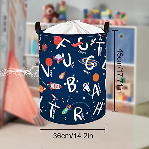 Clastyle 45L Universe Space Alphabet Planet Nursery Laundry Basket Rocket Round Toy Clothes Blue Storage Basket for Kindergarten, 14.2x17.7 in