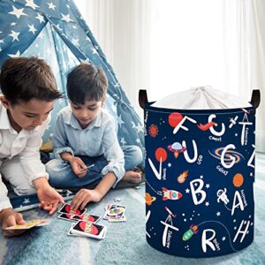 Clastyle 45L Universe Space Alphabet Planet Nursery Laundry Basket Rocket Round Toy Clothes Blue Storage Basket for Kindergarten, 14.2x17.7 in