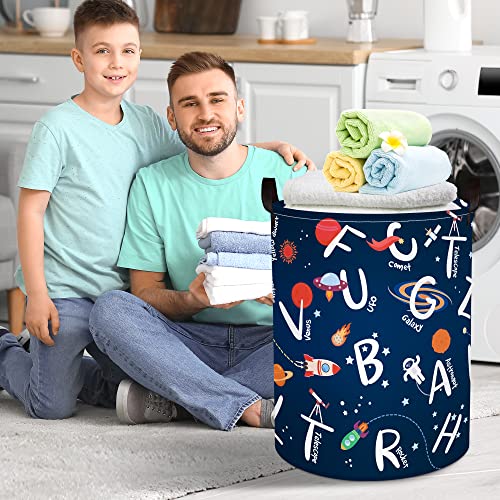 Clastyle 45L Universe Space Alphabet Planet Nursery Laundry Basket Rocket Round Toy Clothes Blue Storage Basket for Kindergarten, 14.2x17.7 in