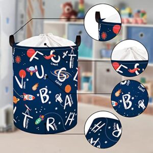 Clastyle 45L Universe Space Alphabet Planet Nursery Laundry Basket Rocket Round Toy Clothes Blue Storage Basket for Kindergarten, 14.2x17.7 in