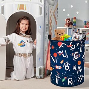 Clastyle 45L Universe Space Alphabet Planet Nursery Laundry Basket Rocket Round Toy Clothes Blue Storage Basket for Kindergarten, 14.2x17.7 in