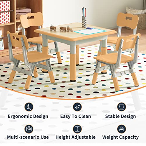 wanan Kids Table and Chair Set, Height Adjustable Toddler Table and 4 Chairs Set, Kids Table for Playing, Drawing, Eating, Studying, Easy to Clean Arts & Crafts Table for Ages 2-10 (Natural)