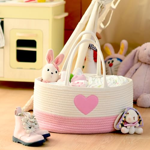 INough Baby Diaper Caddy, Changing Basket for Girls Caddy Organizer with Handle Diaper Organizer for Nursery Pink Cotton Rope Basket Baby Girl Newborn Essentials, Car Storage Organizer