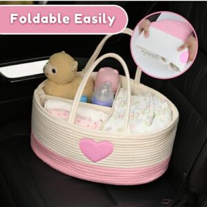 INough Baby Diaper Caddy, Changing Basket for Girls Caddy Organizer with Handle Diaper Organizer for Nursery Pink Cotton Rope Basket Baby Girl Newborn Essentials, Car Storage Organizer