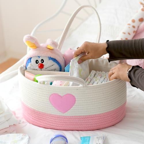 INough Baby Diaper Caddy, Changing Basket for Girls Caddy Organizer with Handle Diaper Organizer for Nursery Pink Cotton Rope Basket Baby Girl Newborn Essentials, Car Storage Organizer