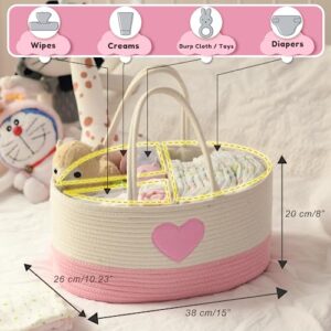 INough Baby Diaper Caddy, Changing Basket for Girls Caddy Organizer with Handle Diaper Organizer for Nursery Pink Cotton Rope Basket Baby Girl Newborn Essentials, Car Storage Organizer