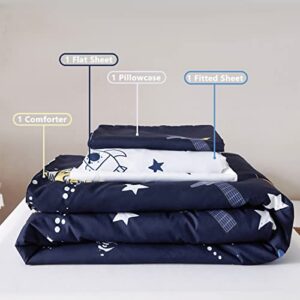 PERFEMET 4 Pcs Toddler Bedding Dark Blue Outer Space Printed Toddler Bed Set with Kids Sheets Reversible Planet Rocket Pattern Bed in a Bag(Dark Blue, Planet/Rocket)