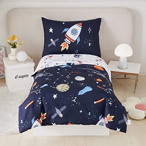 PERFEMET 4 Pcs Toddler Bedding Dark Blue Outer Space Printed Toddler Bed Set with Kids Sheets Reversible Planet Rocket Pattern Bed in a Bag(Dark Blue, Planet/Rocket)