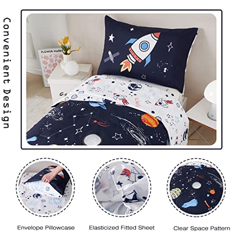 PERFEMET 4 Pcs Toddler Bedding Dark Blue Outer Space Printed Toddler Bed Set with Kids Sheets Reversible Planet Rocket Pattern Bed in a Bag(Dark Blue, Planet/Rocket)