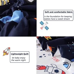 PERFEMET 4 Pcs Toddler Bedding Dark Blue Outer Space Printed Toddler Bed Set with Kids Sheets Reversible Planet Rocket Pattern Bed in a Bag(Dark Blue, Planet/Rocket)