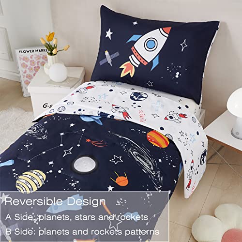 PERFEMET 4 Pcs Toddler Bedding Dark Blue Outer Space Printed Toddler Bed Set with Kids Sheets Reversible Planet Rocket Pattern Bed in a Bag(Dark Blue, Planet/Rocket)