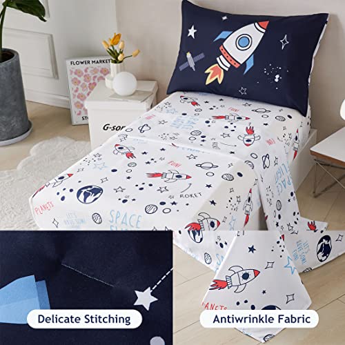 PERFEMET 4 Pcs Toddler Bedding Dark Blue Outer Space Printed Toddler Bed Set with Kids Sheets Reversible Planet Rocket Pattern Bed in a Bag(Dark Blue, Planet/Rocket)