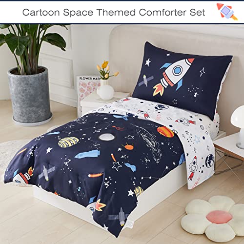 PERFEMET 4 Pcs Toddler Bedding Dark Blue Outer Space Printed Toddler Bed Set with Kids Sheets Reversible Planet Rocket Pattern Bed in a Bag(Dark Blue, Planet/Rocket)