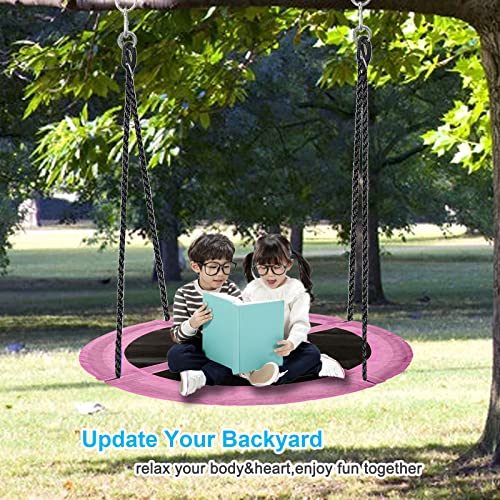 43” 700lbs Saucer Tree Swing,All-Weather Resistant Textilene Swing,360 Degree Spin,w/ 1 Swivel,2 Adjustable Ropes&Long Straps,Easy to Install,Comfortable for Kids Backyard,Playground (Pink)