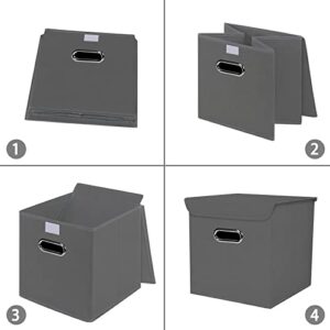 Yunkeeper Collapsible Storage Bins with Lids,Fabric Cube Storage Organizer With Handles,For Clothes Storage,Home, Nursery,Closet Office Basket,3 Pack,（Grey