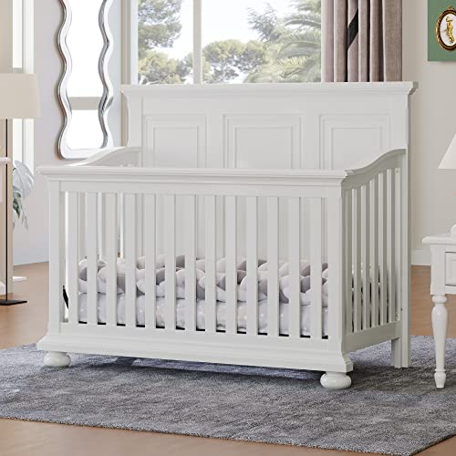 Pvillez Farmhouse Style 4-in-1 Convertible Crib, Full Size Convertible Crib, Converts from Baby Crib to Toddler Bed, Daybed and Full-Size Bed, 3 Mattress Height Settings (White)